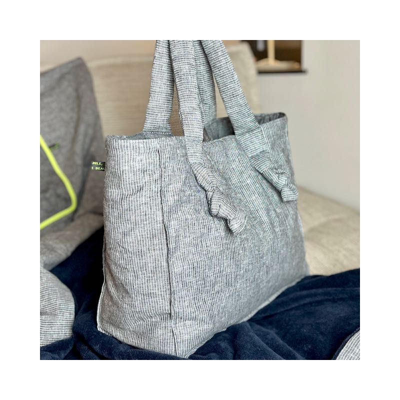 Kit sac cabas matelassé lin gris ligné